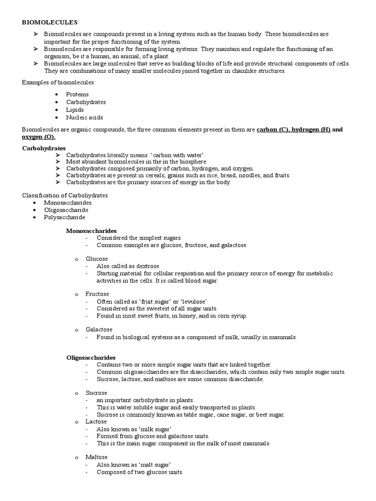 BIOMOLECULES Handouts | PDF | Nucleotides | Carbohydrates