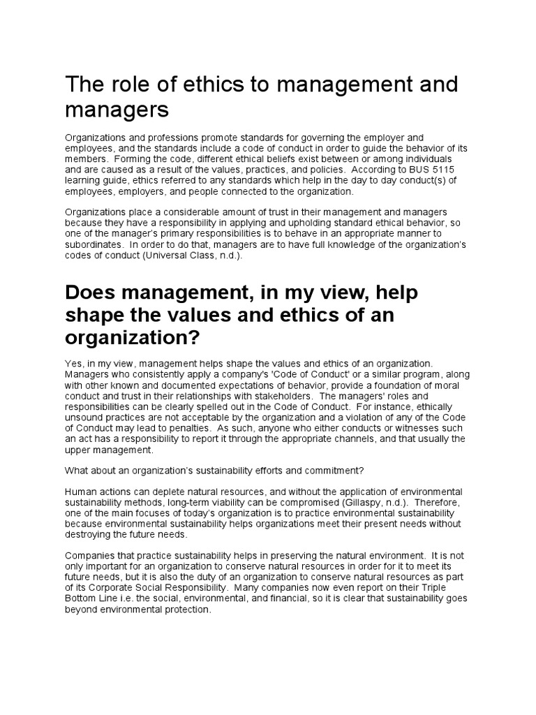 The Role of Ethics To Management and Managers | PDF | Sustainability ...