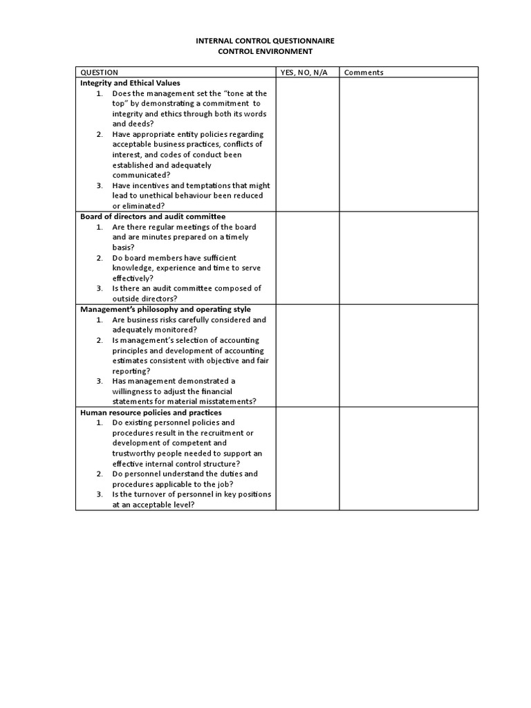 Internal Control Questionnaire Control Environment | PDF | Internal ...