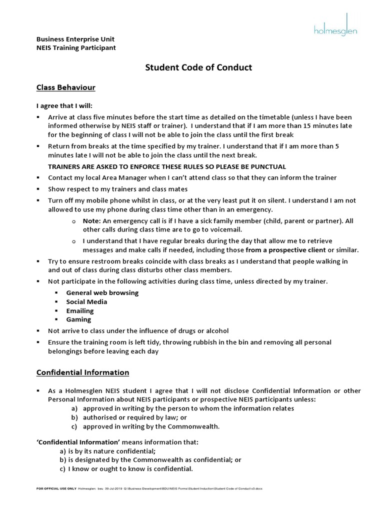 Student Code of Conduct: Class Behaviour | PDF | Confidentiality ...