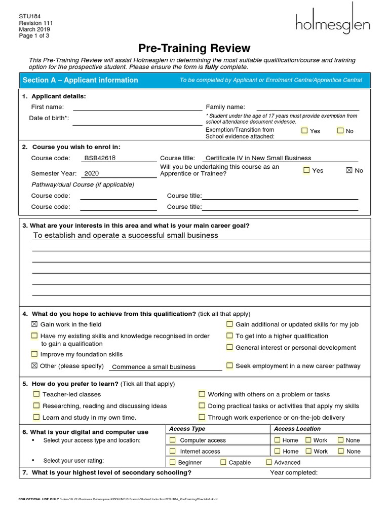 Pre-Training Review: Section A - Applicant Information | PDF ...