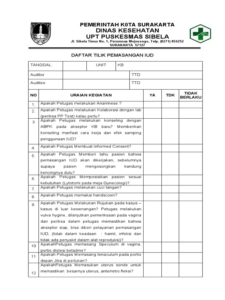 Daftar Tilik Pemasangan Iud | PDF