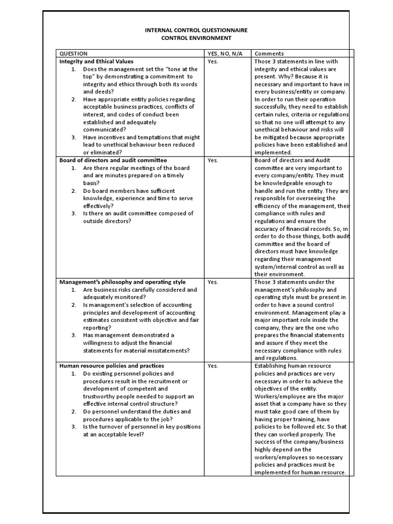 Internal Control Questionnaire Control Environment | PDF | Internal ...