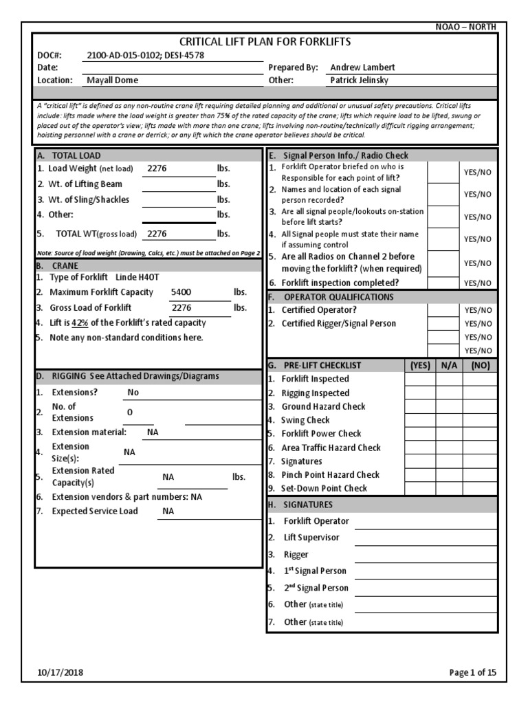 Critical Lift Plan For Forklifts: G. Pre-Lift Checklist (Yes) N/A (NO ...