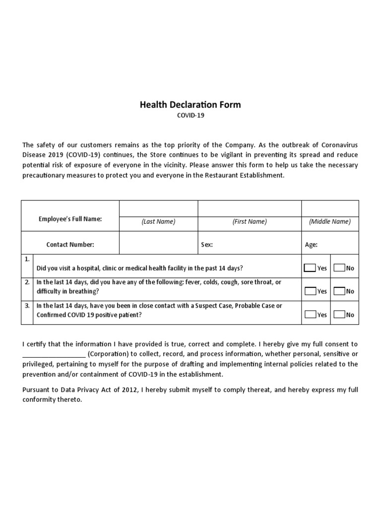 Health Declaration Form | PDF | Wellness | Lifestyle