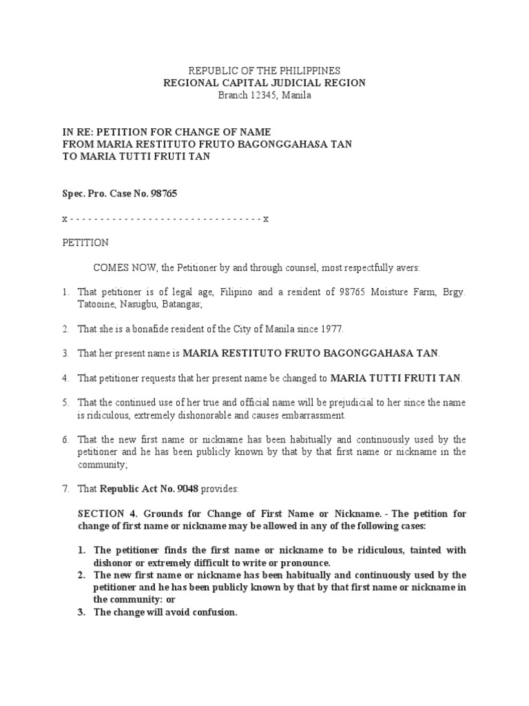 Petition for Change of Name from "Maria Restituto Fruto Baggonggahasa ...