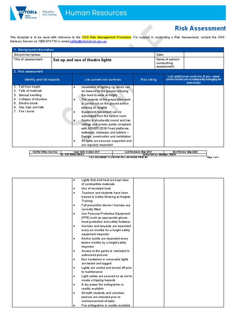Risk Assessment: Set-Up and Use of Theatre Lights | PDF | Occupational Safety And Health ...