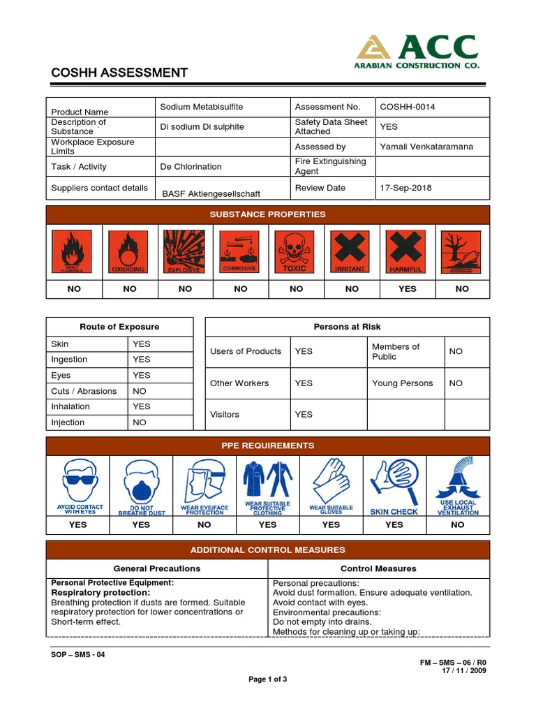 COSHH FOR Sodium Metabisulfite (Food Grade) - BASF - MSDS | PDF ...