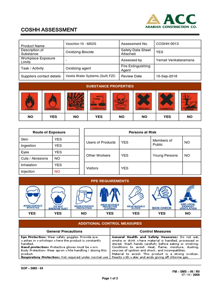 COSHH FOR Veochlor-10 - MSDS | PDF | Waste Management | Breathing