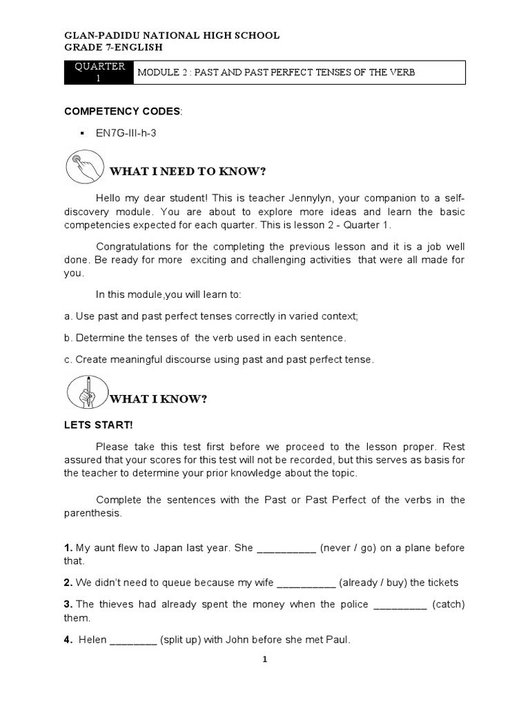 Past and Past Perfect Module | PDF | Grammatical Tense | Perfect (Grammar)