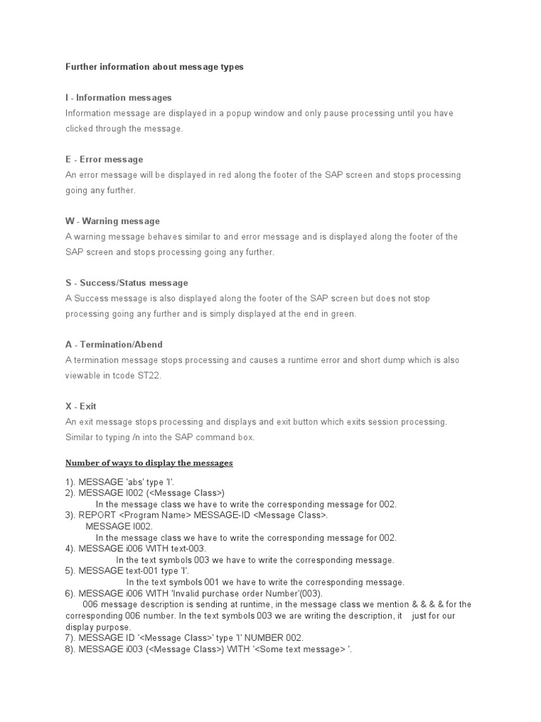 Abap Message Type | PDF | Class (Computer Programming) | Subroutine