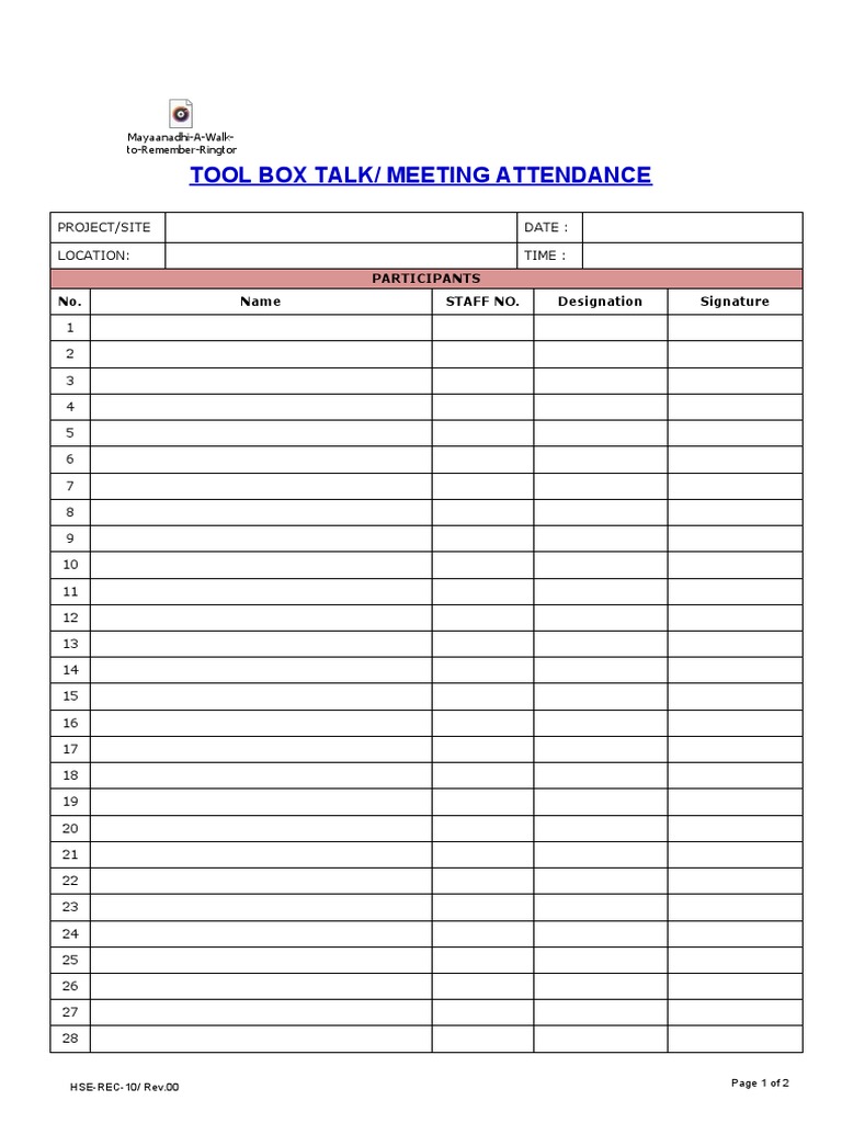 Tool Box Talk/ Meeting Attendance: Project/Site Date: Location: Time | PDF