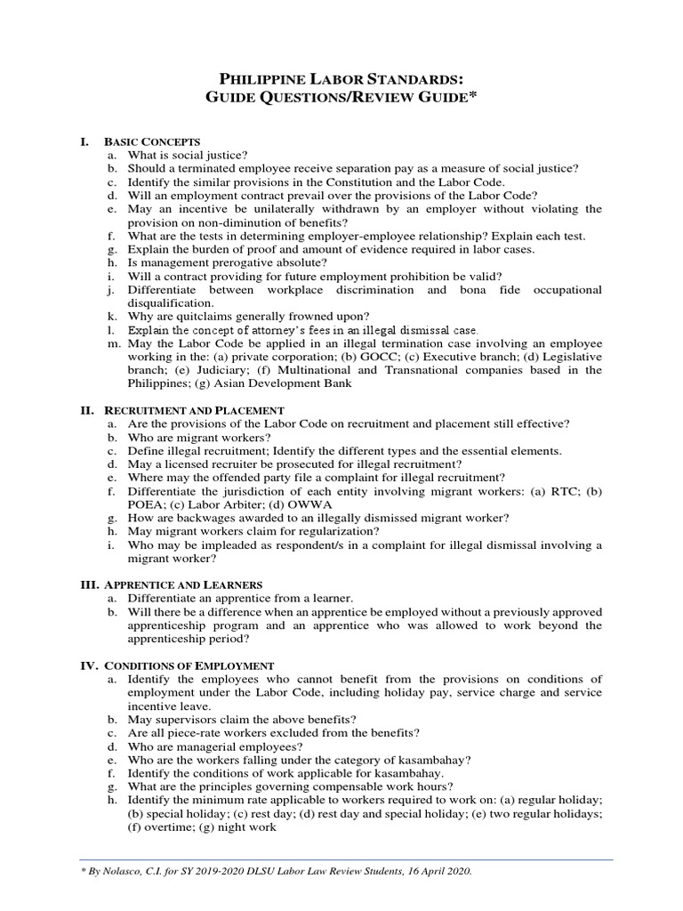 Labor Standards Guide Questions | PDF | Overtime | Employment