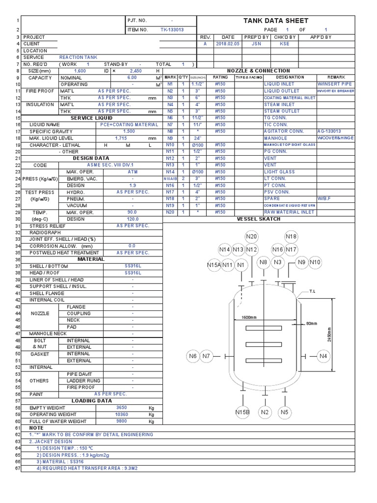 Nozzle & Connection: Tank Data Sheet | PDF | Manufactured Goods | Building Engineering