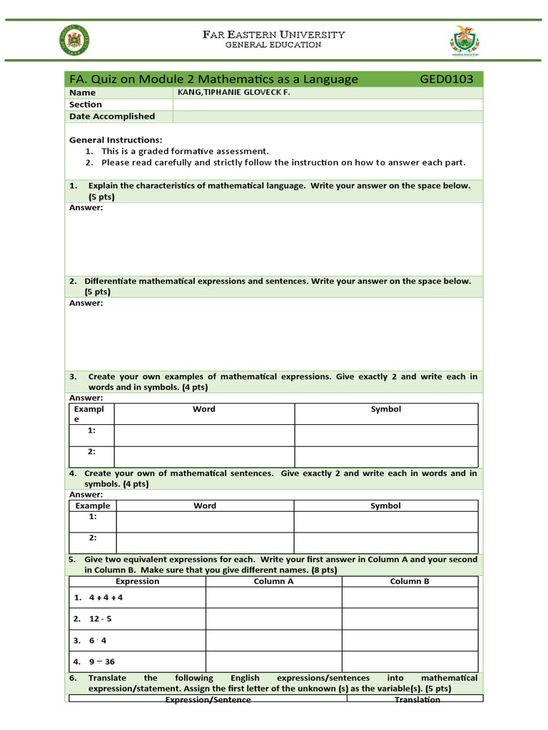 Mathematics Language Quiz and Assessment | PDF | Numbers | Abstract Algebra