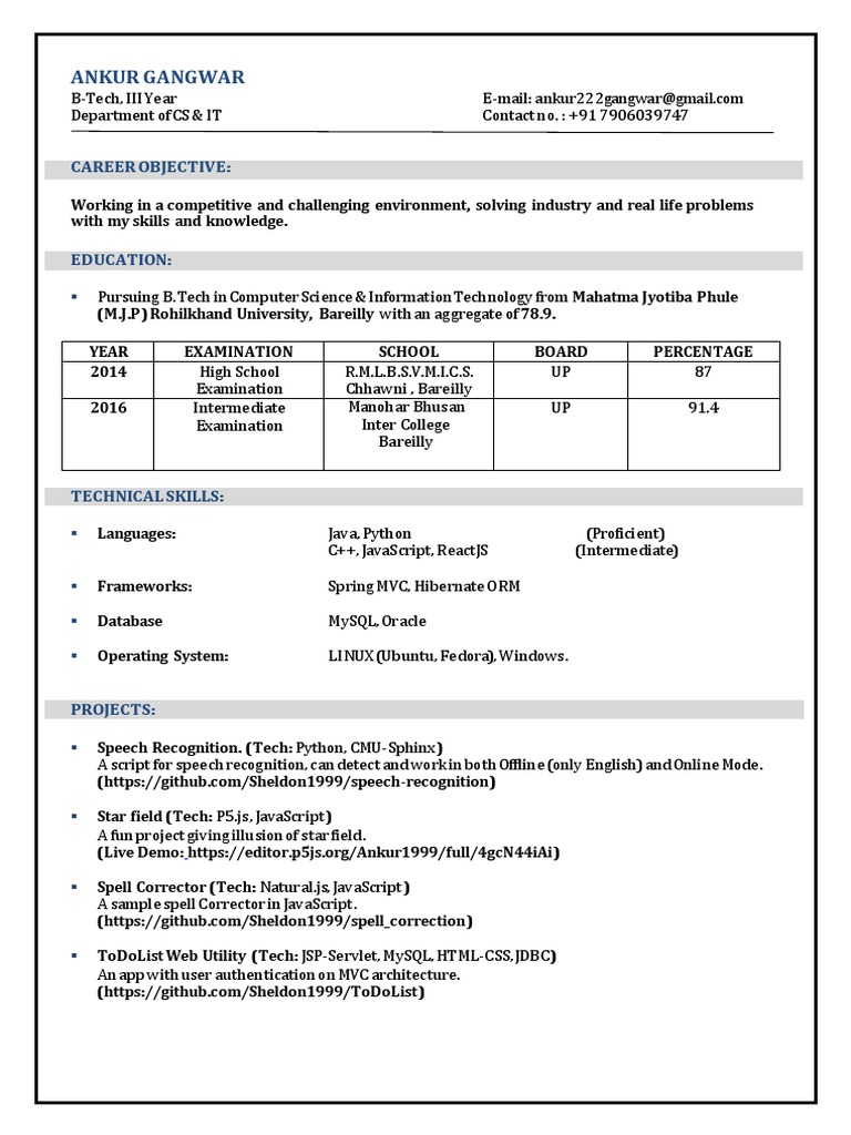 Ankur Gangwar: Career Objective | PDF | My Sql | Java Script