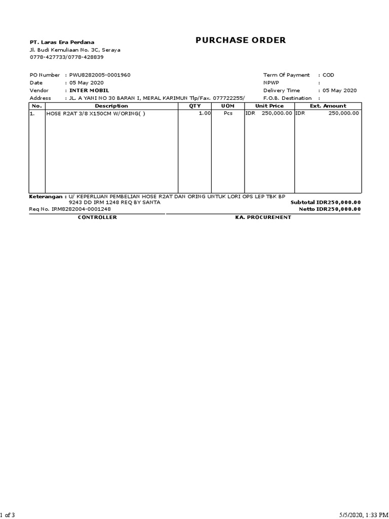 Purchase Order Selang PO-1960 | PDF