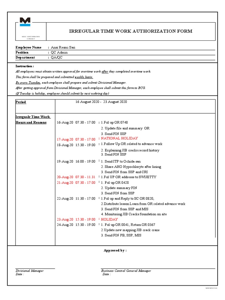 Irregular Time Work Authorization Form: Employee Name: Ansi Resmi Sari ...