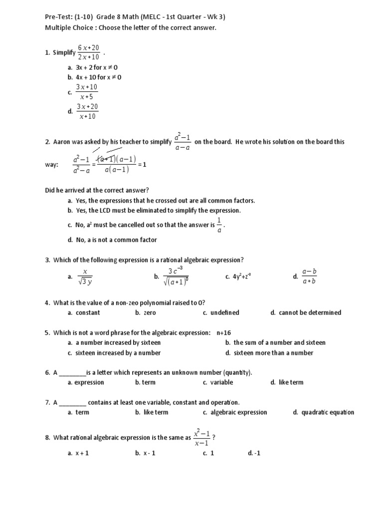 Pre-Test (Math 1st Quarter) | PDF | Numbers | Polynomial