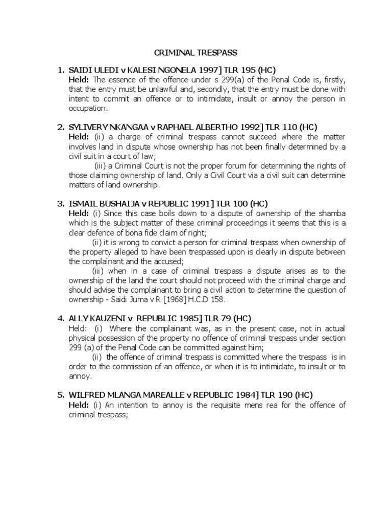 Criminal Trespass Case Law In Tanzania Pdf