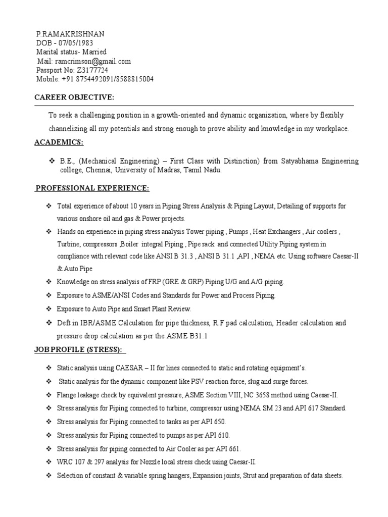 Piping Stress Engineer Resume | PDF | Cogeneration | Pipe (Fluid ...