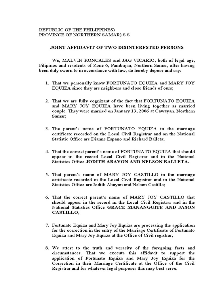 Andrew Acedera - Affidavit of Two Disinterested Person | PDF ...
