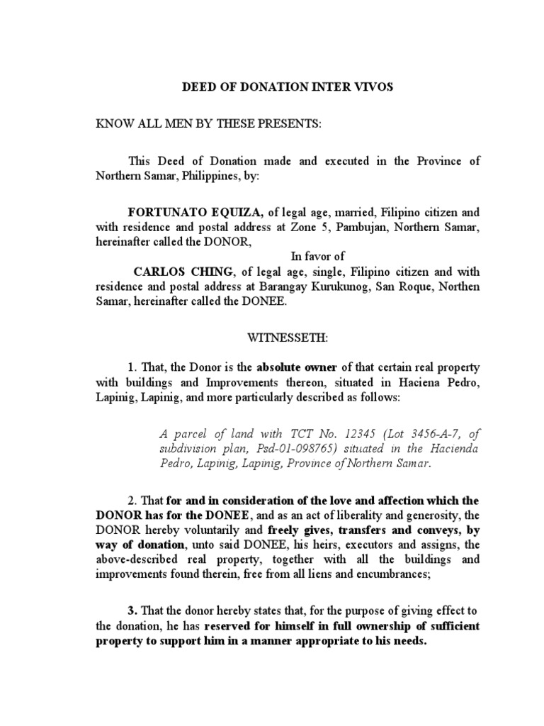 Deed of Donation Inter Vivos | PDF | Real Estate Law | Civil Law ...