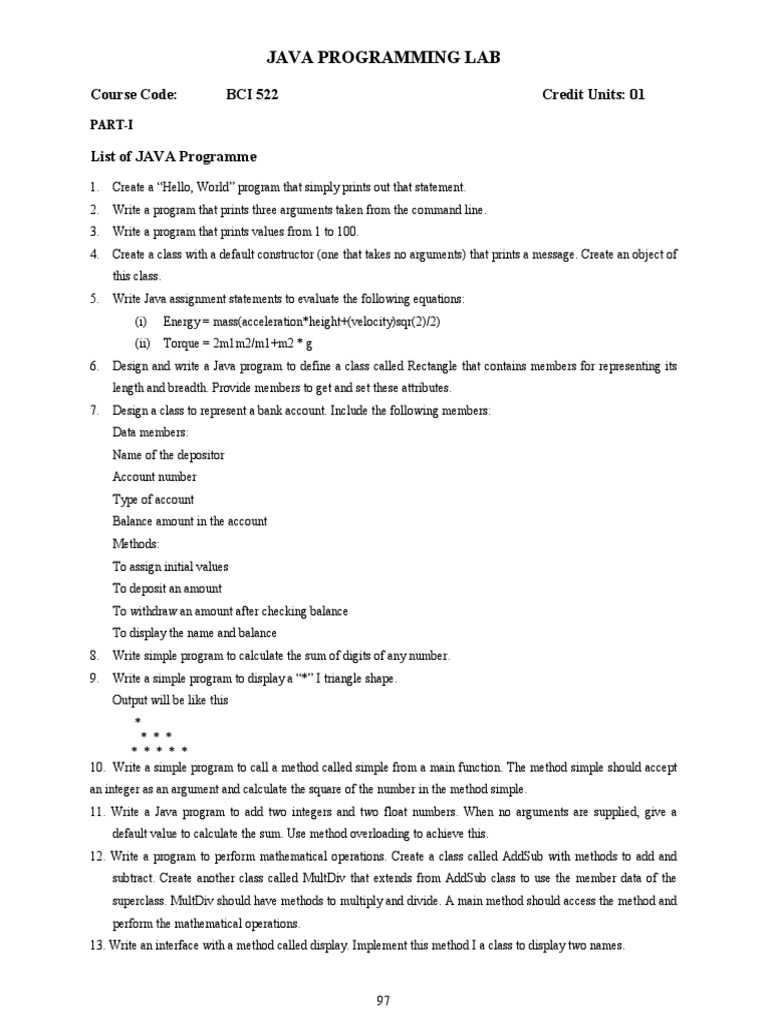 Java Programming Lab: Course Code: BCI 522 Credit Units: 01 | PDF | Method (Computer Programming ...