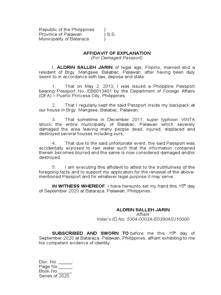 Affidavit of Explanation Damaged Passport Jarin | PDF