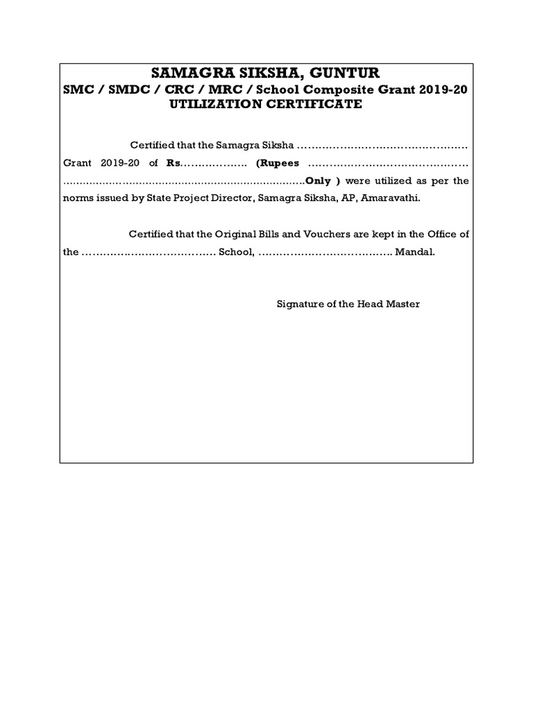 Samagra Siksha Audit Utilization Certificate 2019-20 PDF | PDF