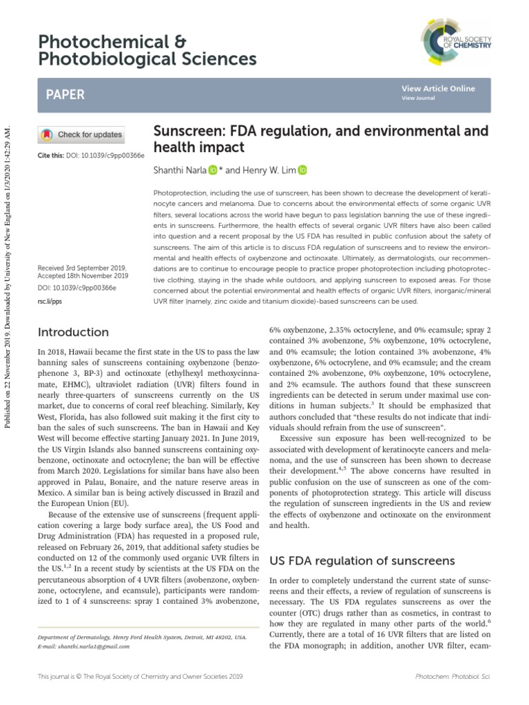 Photochemical & Photobiological Sciences: Sunscreen: FDA Regulation ...
