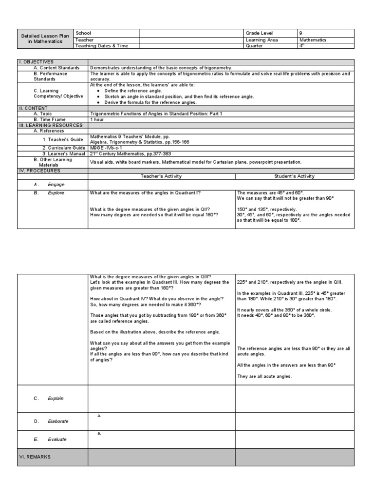 Deriving Reference Angles: A Detailed Lesson Plan on Teaching ...