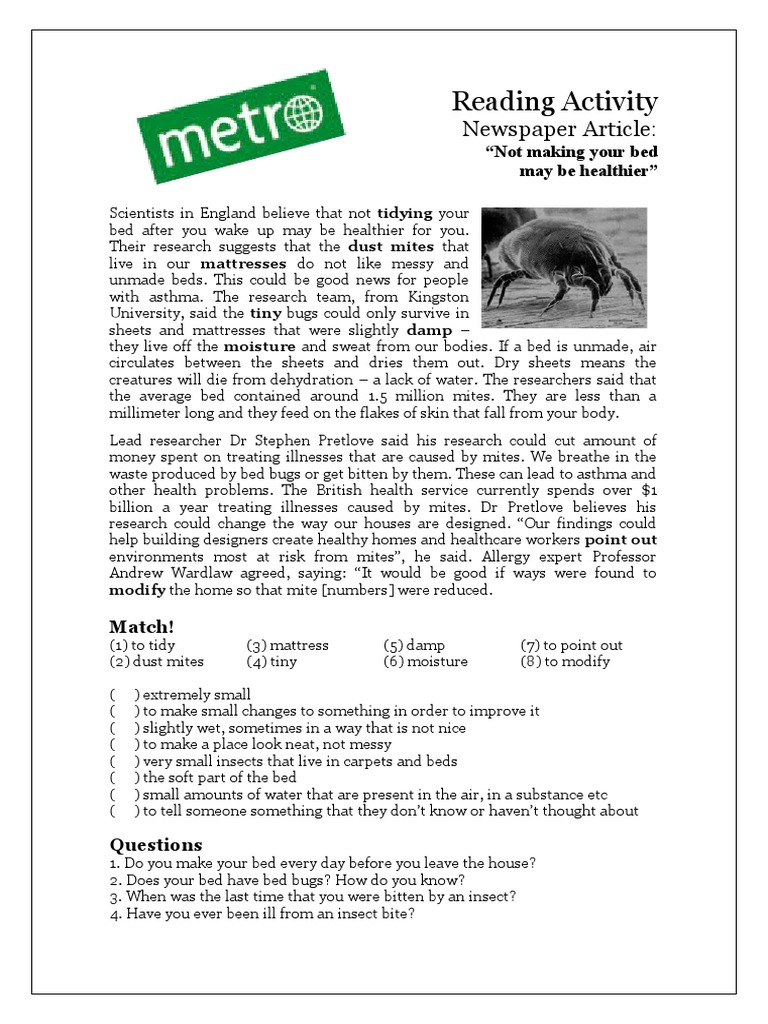 Reading Activity Bed Bugs | PDF | Insects | Bed