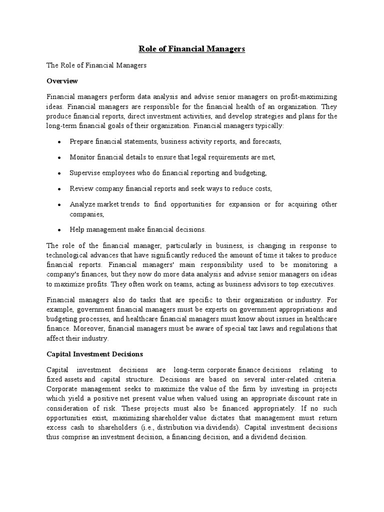 Role of Financial Managers | PDF | Corporations | Financial Economics