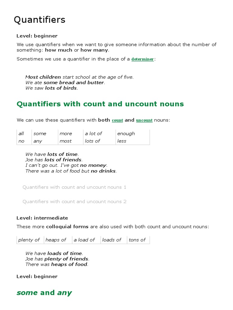 Quantifiers: Quantifiers With Count and Uncount Nouns | PDF ...
