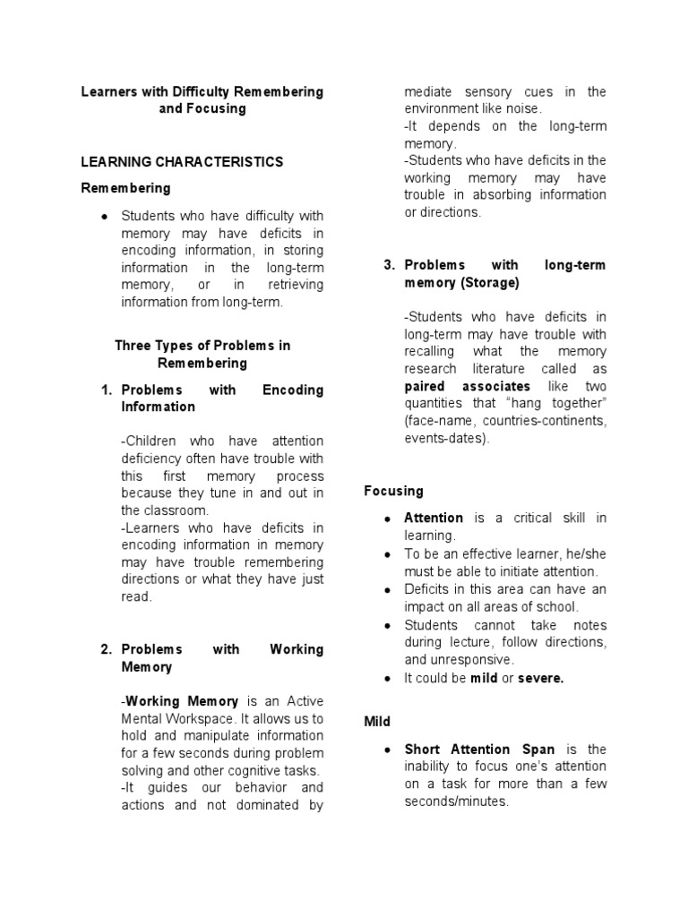 Learners With Difficulty Remembering and Focusing | PDF | Memory | Attention