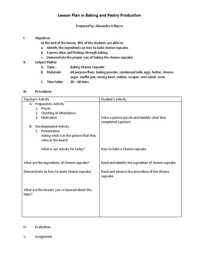 Lesson Plan in Baking and Pastry Production | PDF