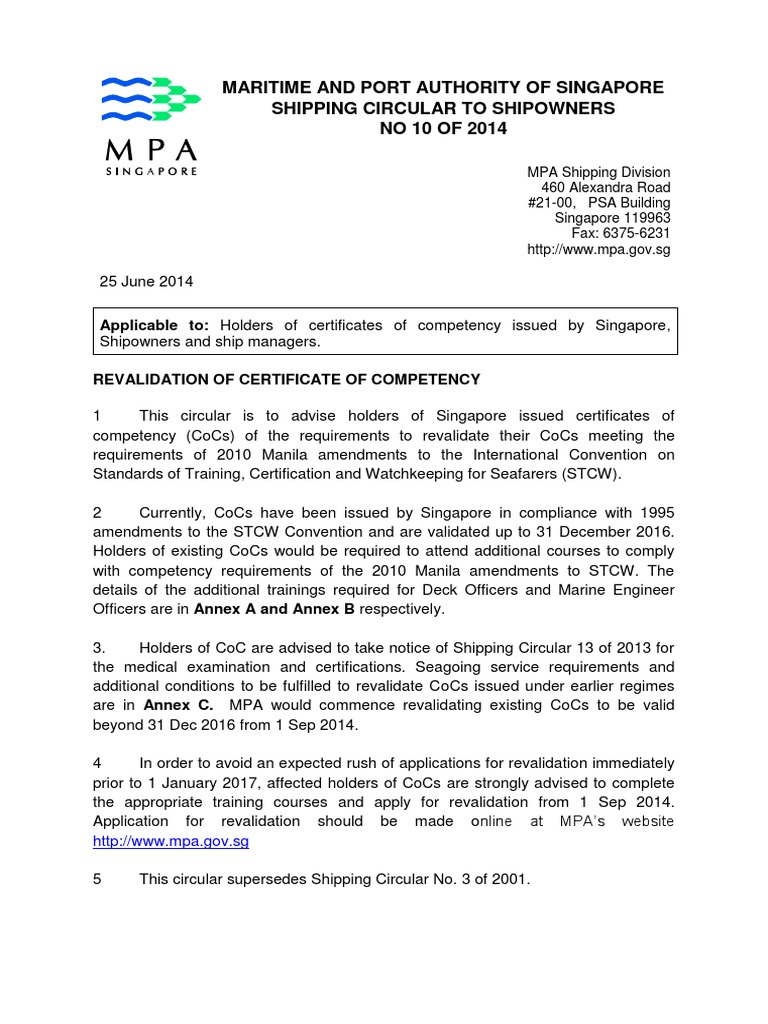 MPA+CIRCULAR+sc No 10 of 2014 | PDF | Sailor | Shipping