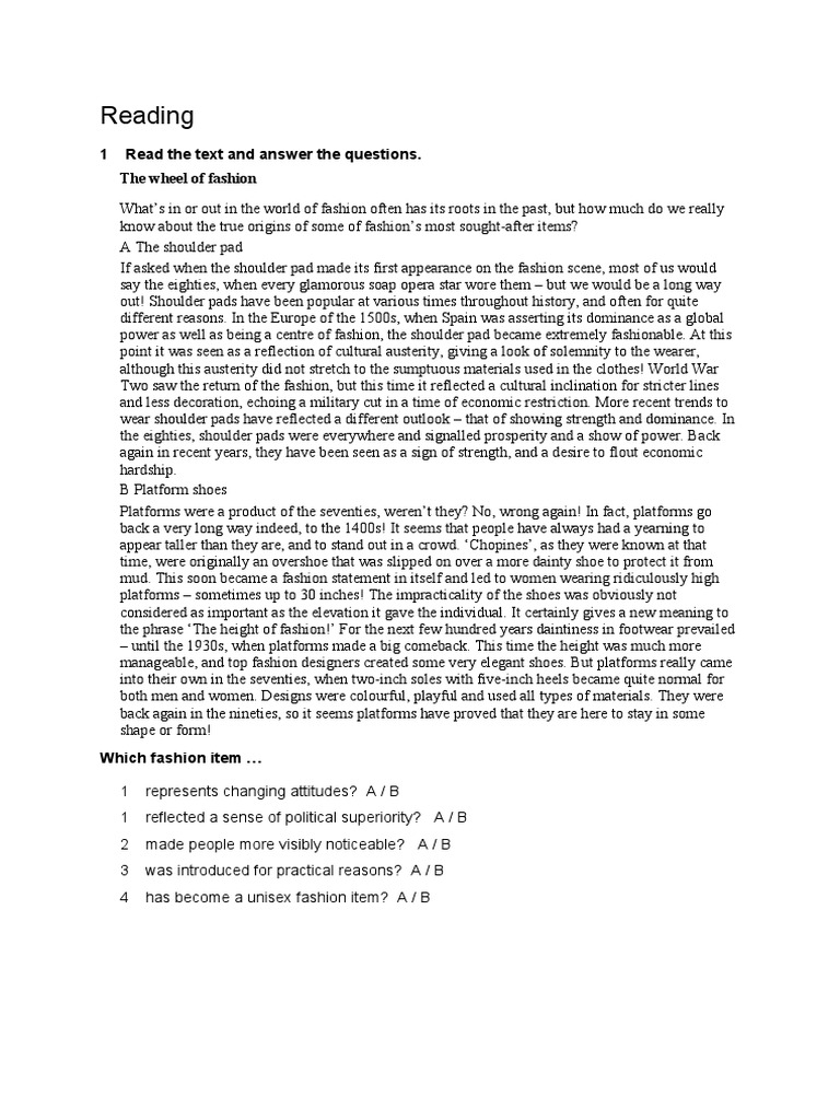 Reading: 1 Read The Text and Answer The Questions. The Wheel of Fashion ...