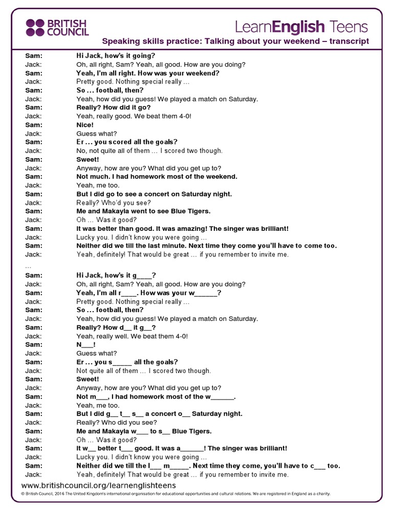Speaking Skills Practice: Talking About Your Weekend - Transcript | PDF ...