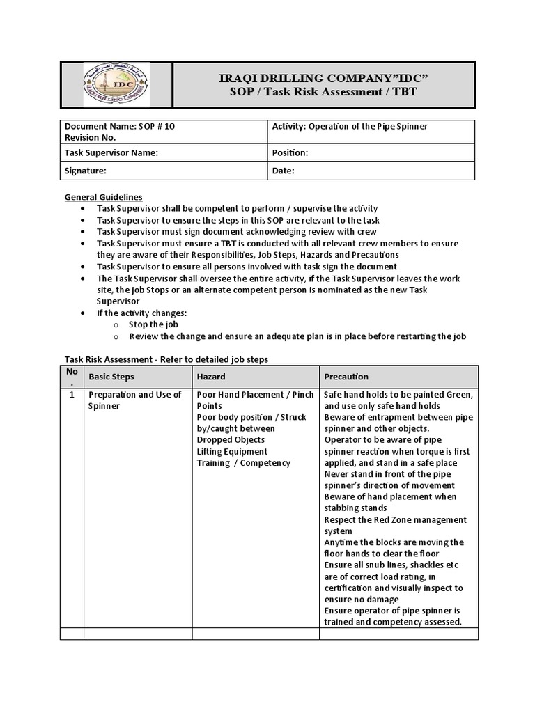 Pipe Spinner Operation Safety SOP | PDF | Occupational Safety And ...