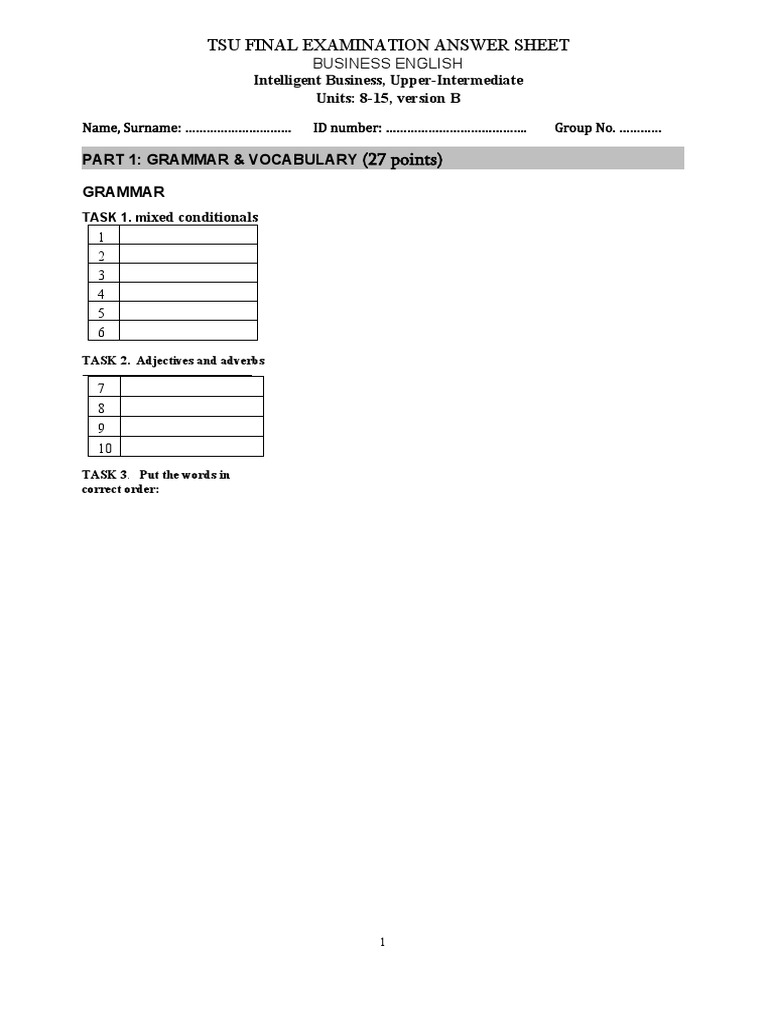 Final TEST Answer Sheet Inteligent Business B2 2020 Spring, Version B ...