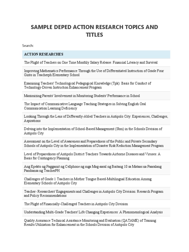Sample Deped Action Research Topics and Titles | PDF | Reading ...