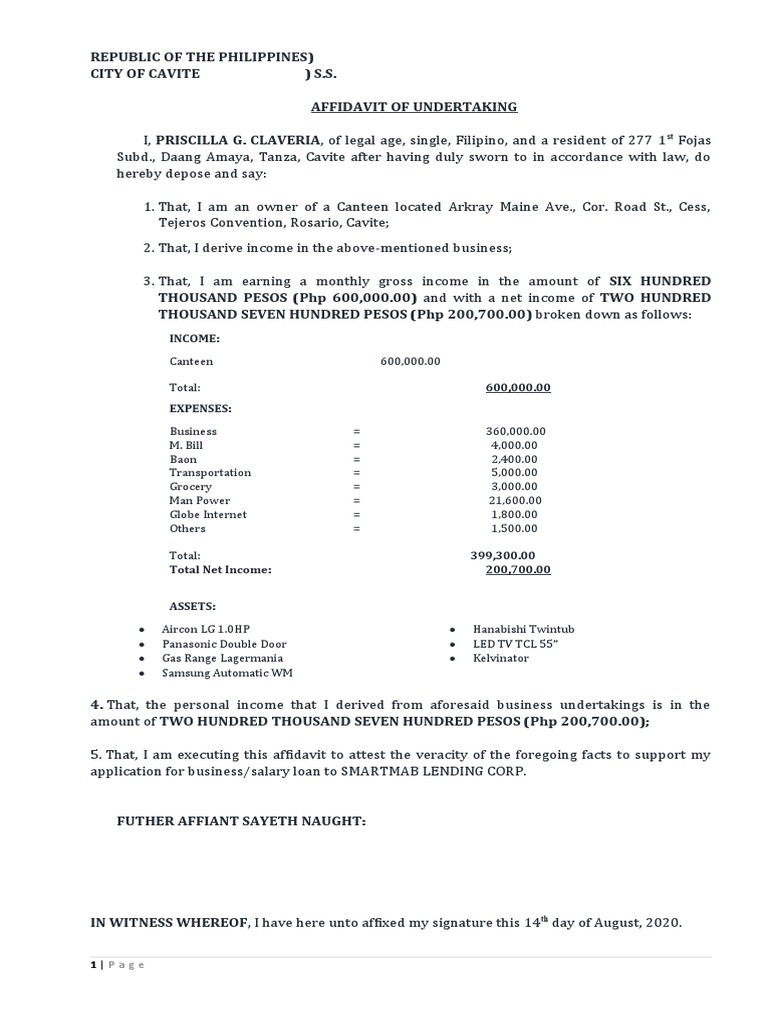 Affidavit of Undertaking - P. Claveria | PDF | Affidavit | Civil Law ...