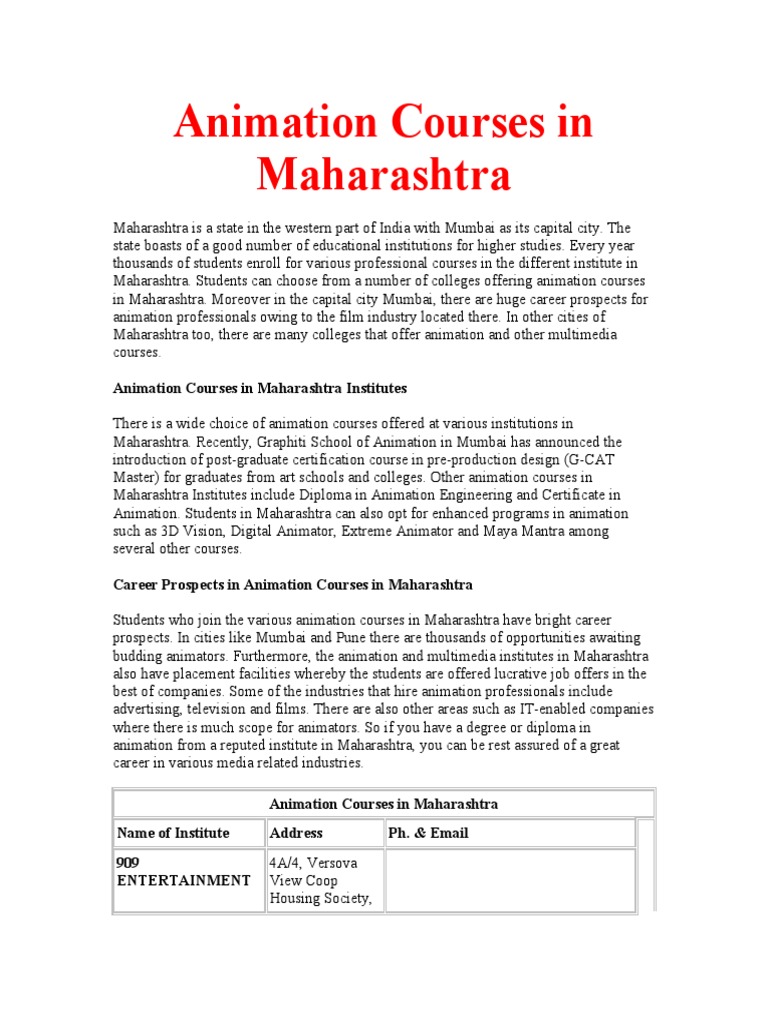 Animation Courses in Maharashtra | PDF | Mumbai | Diploma