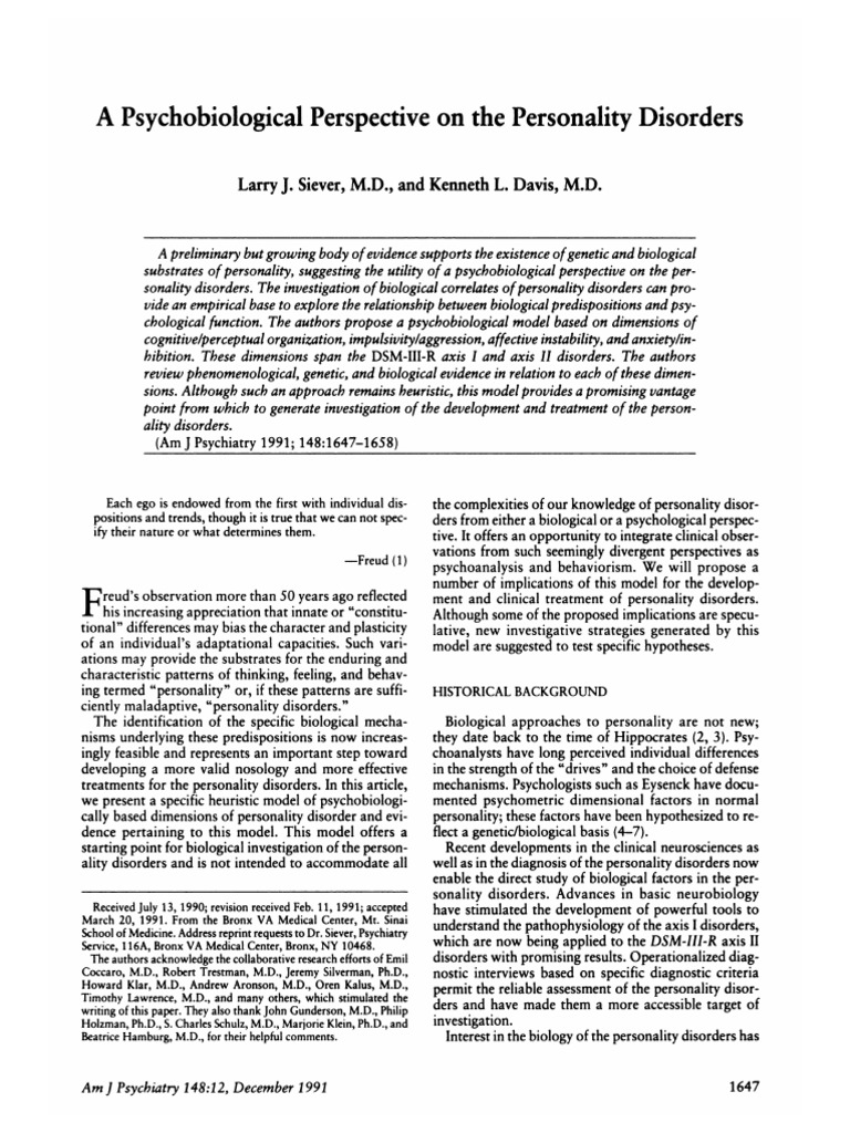 A Psychobiological Perspective On The Personality Disorders: Larry ...