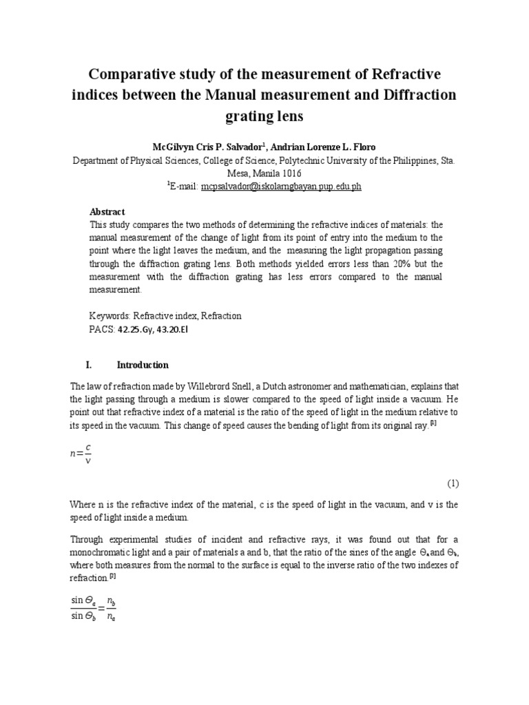 Comparative Study of The Measurement of Refractive Indices Between The ...