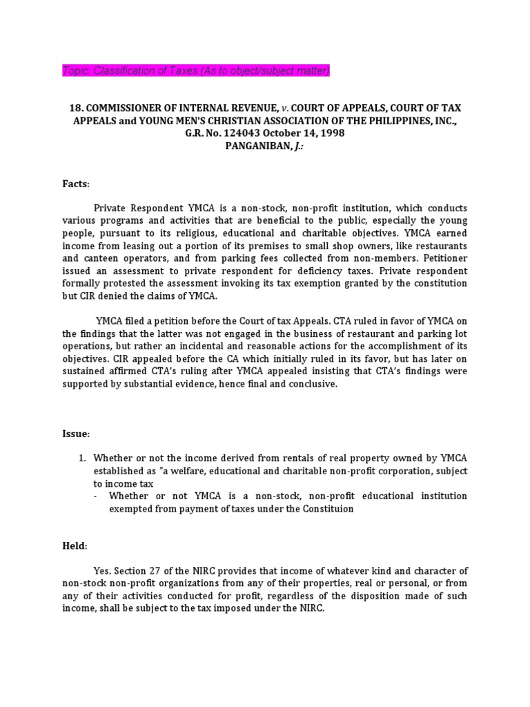CIR V CA, CTA and YMCA | PDF | Tax Exemption | Nonprofit Organization