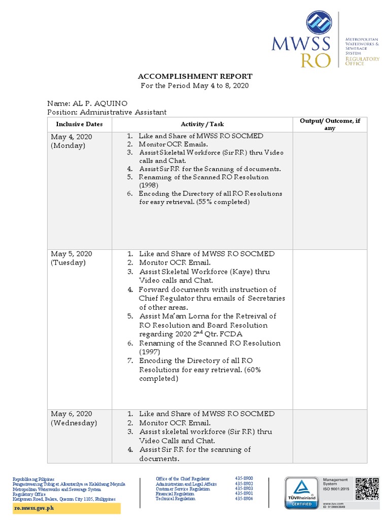 Accomplishment Report: Inclusive Dates Activity / Task Output/ Outcome ...