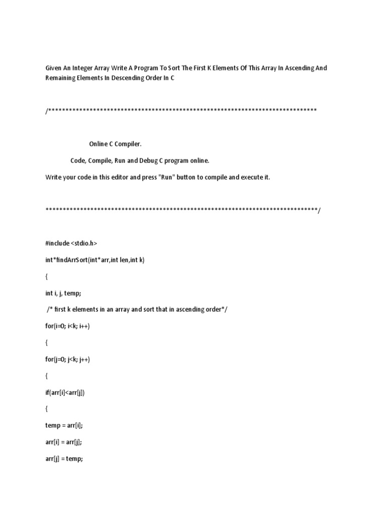 Given An Integer Array Write A Program To Sort The First K Elements of ...